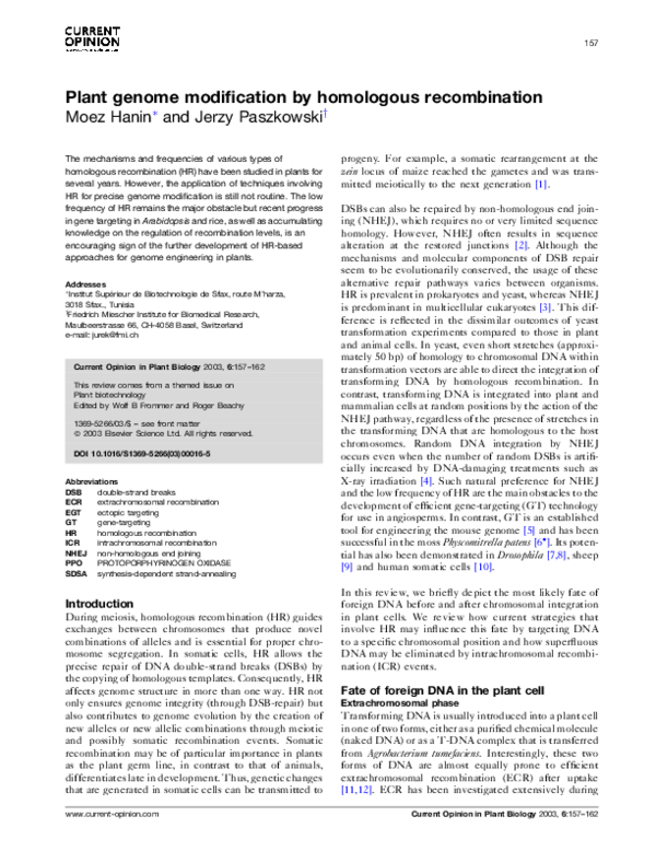 (PDF) Plant genome modification by homologous recombination