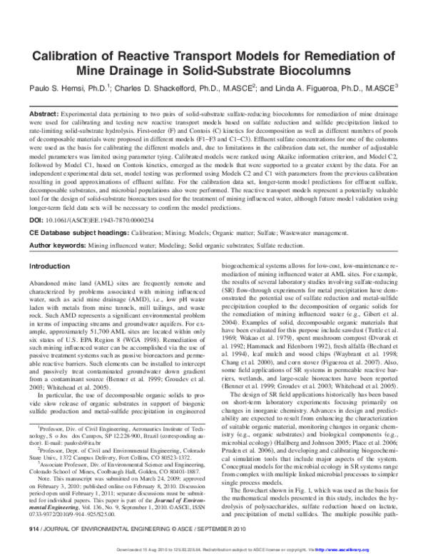 (PDF) Calibration of Reactive Transport Models for Remediation of Mine ...