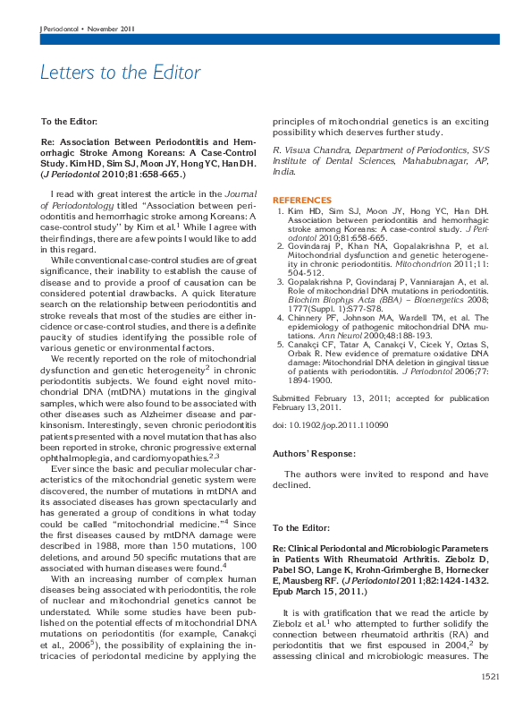 (PDF) Letter to the Editor: Re: “Clinical Periodontal and Microbiologic ...