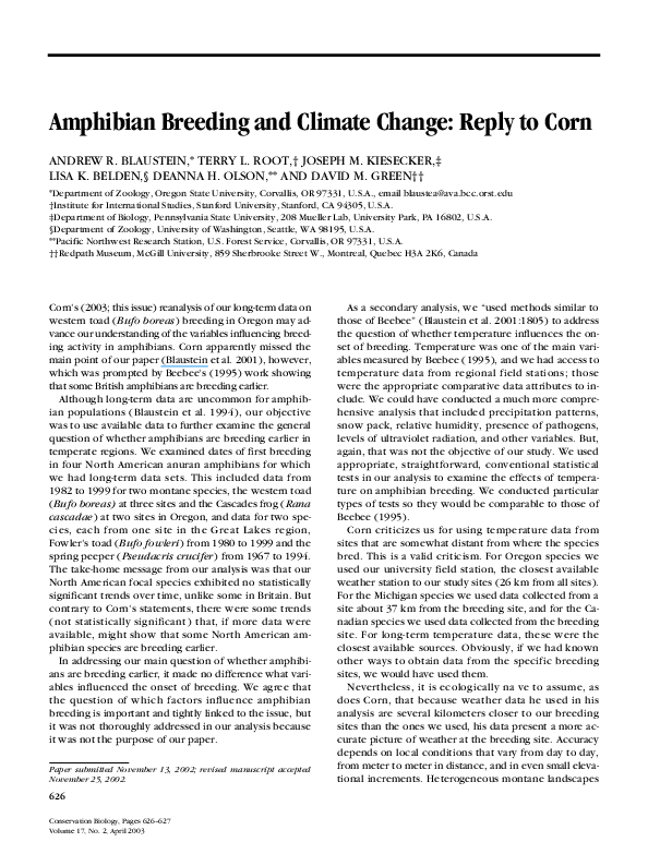 (PDF) Amphibian Breeding and Climate Change: Reply to Corn
