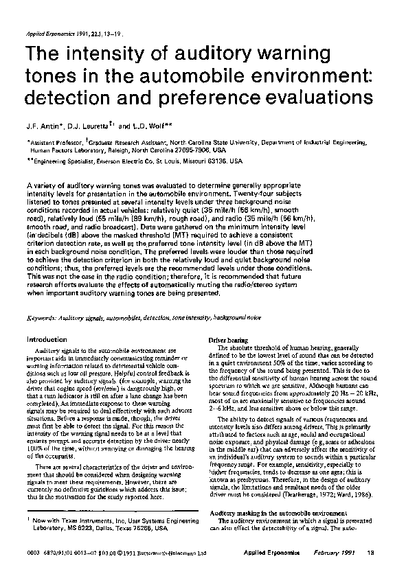 (PDF) The intensity of auditory warning tones in the automobile ...