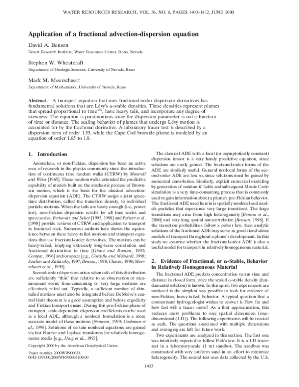 Pdf Application Of A Fractional Advection Dispersion Equation