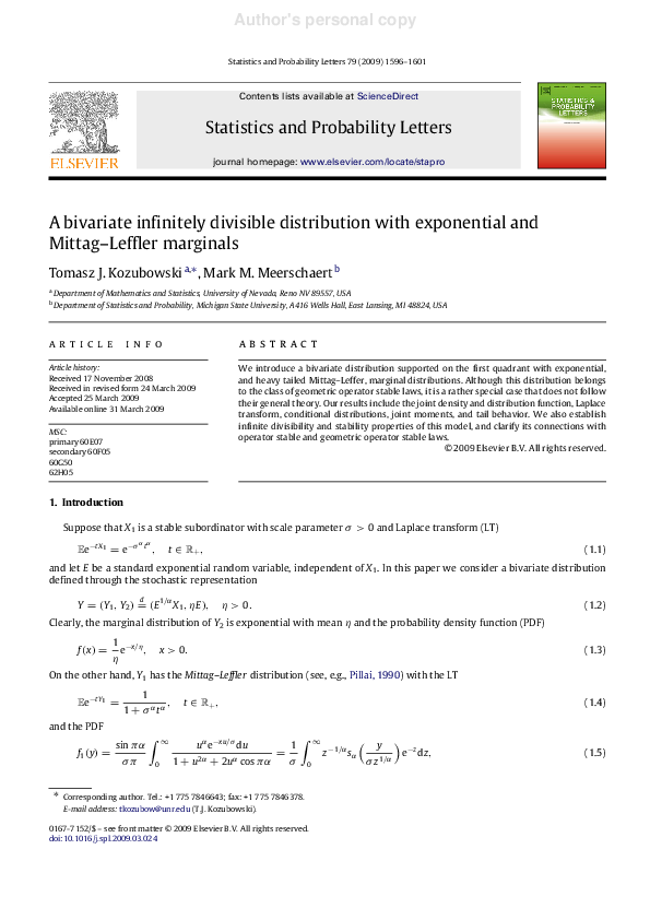 Pdf A Bivariate Infinitely Divisible Distribution With Exponential And Mittag Leffler