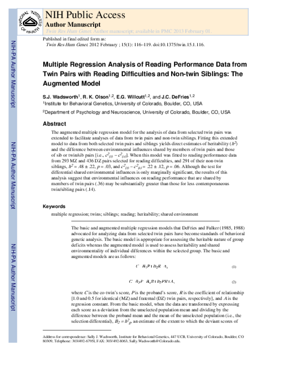 (PDF) Multiple Regression Analysis of Reading Performance Data from Twin Pairs with Reading ...