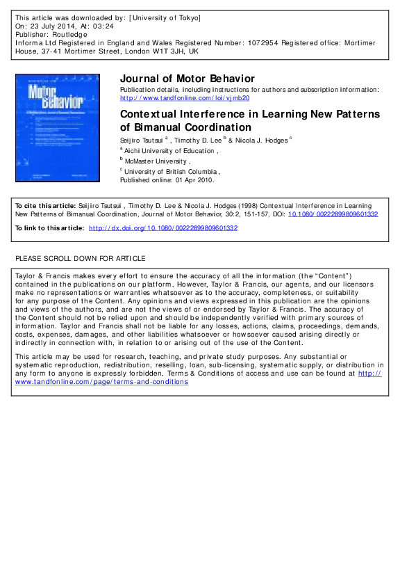 Pdf Contextual Interference In Learning New Patterns Of Bimanual