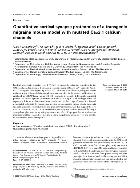 (PDF) Quantitative cortical synapse proteomics of a transgenic migraine mouse model with mutated ...