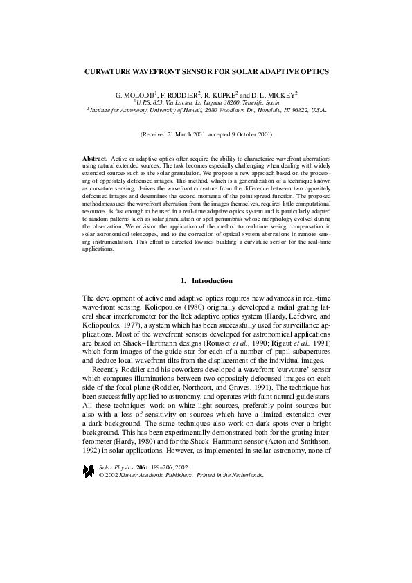 (PDF) Curvature wavefront sensor for solar adaptive optics
