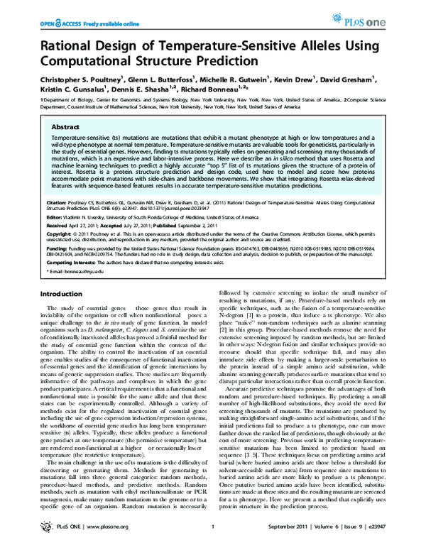 Pdf Rational Design Of Temperature Sensitive Alleles Using Computational Structure Prediction