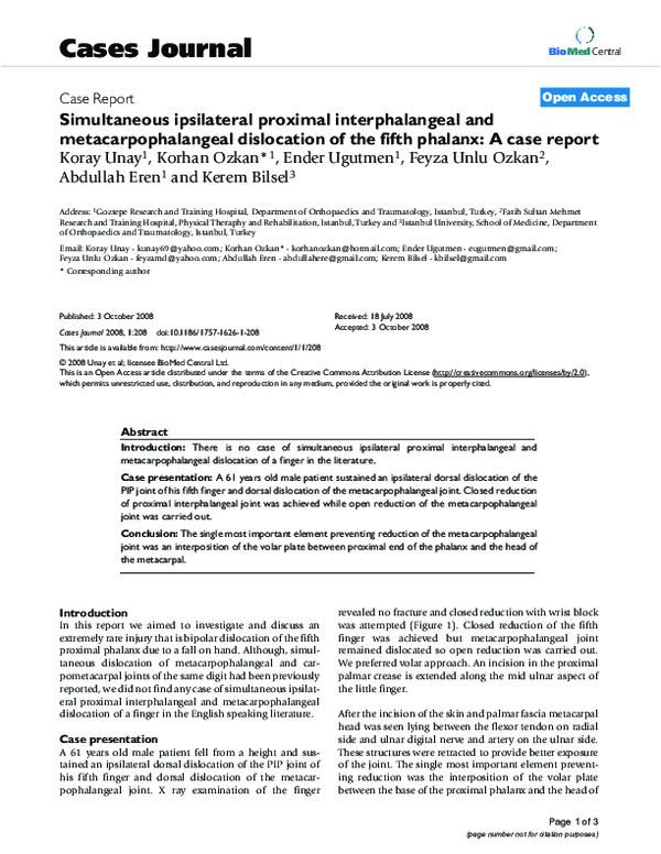 Pdf Simultaneous Dorsal Dislocation Of The Proximal And Distal Interphalangeal Joints In One