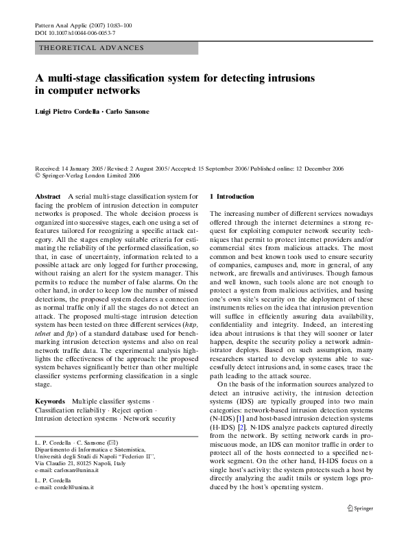 (PDF) A multi-stage classification system for detecting intrusions in computer networks