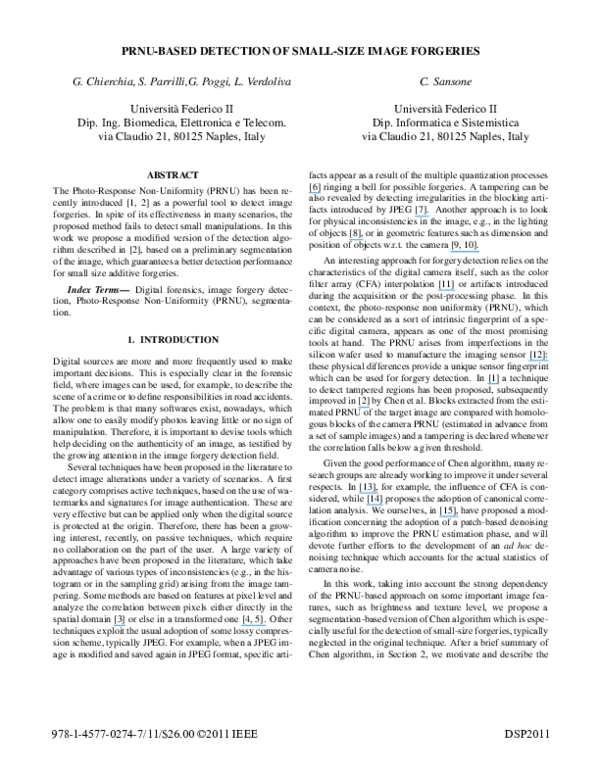 (PDF) PRNU-based detection of small-size image forgeries