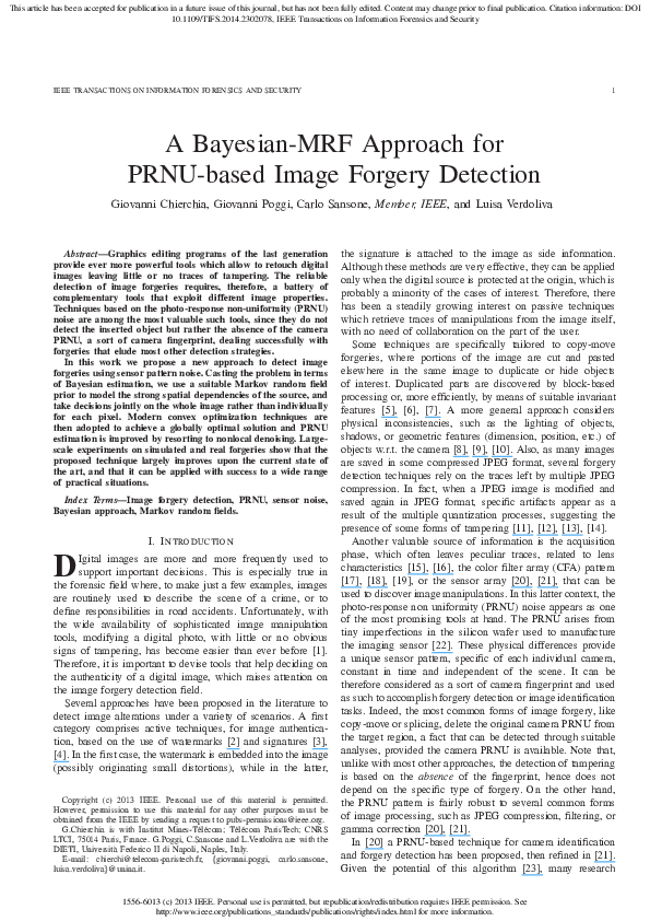 (PDF) A Bayesian-MRF Approach for PRNU-Based Image Forgery Detection