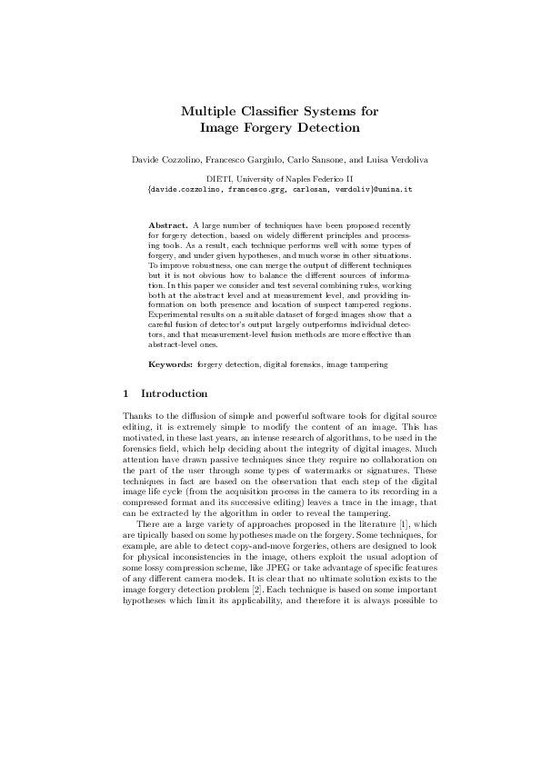 (PDF) Multiple classifier systems for image forgery detection