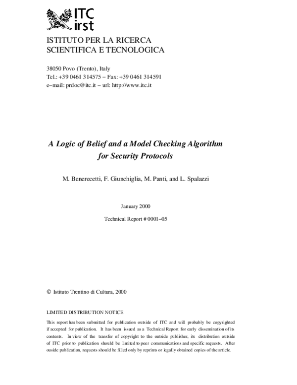 Pdf A Logic Of Belief And A Model Checking Algorithm For Security Protocols L Spalazzi