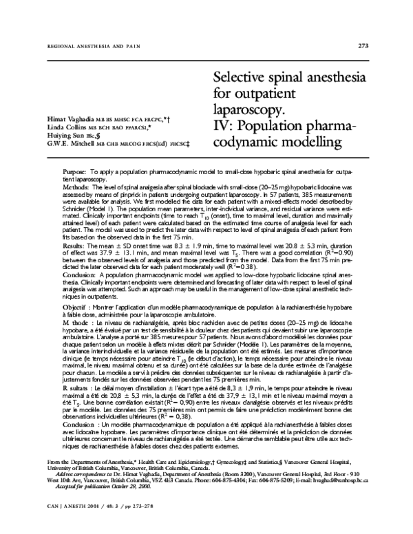 (PDF) Selective spinal anesthesia for outpatient laparoscopy. IV ...
