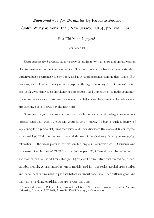 (PDF) Econometrics for Dummies, by Roberto Pedace (John Wiley & Sons, Inc., Hoboken, NJ, 2013 ...