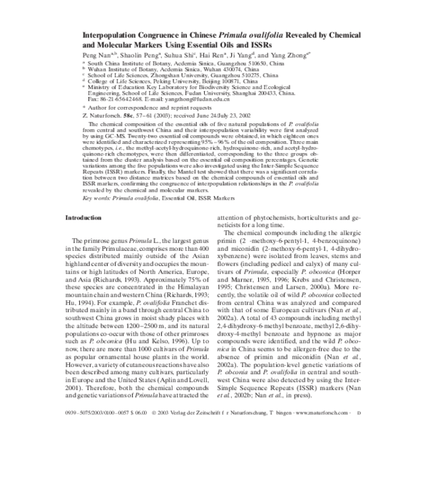 (PDF) Interpopulation congruence in Chinese Primula ovalifolia revealed ...