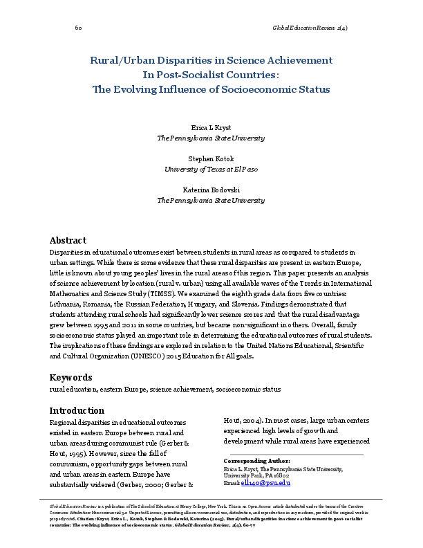 (PDF) Rural/Urban Disparities in Science Achievement In Post-Socialist Countries: The Evolving ...