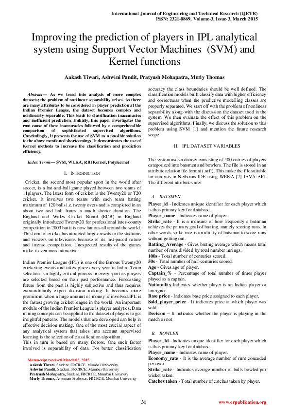 (PDF) Improving the prediction of players in IPL analytical system using Support Vector Machines ...