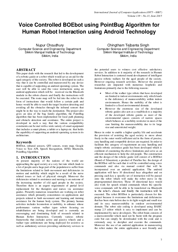 Pdf Voice Controlled Boebot Using Pointbug Algorithm For Human Robot Interaction Using Android