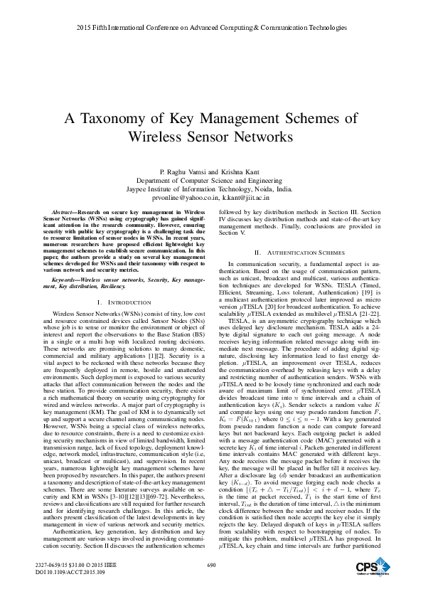 (PDF) A Taxonomy of Key Management Schemes of Wireless Sensor Networks