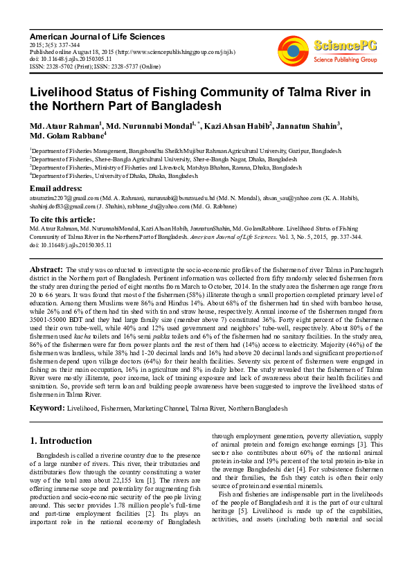 (PDF) Livelihood Status of Fishing Community of Talma River in the ...