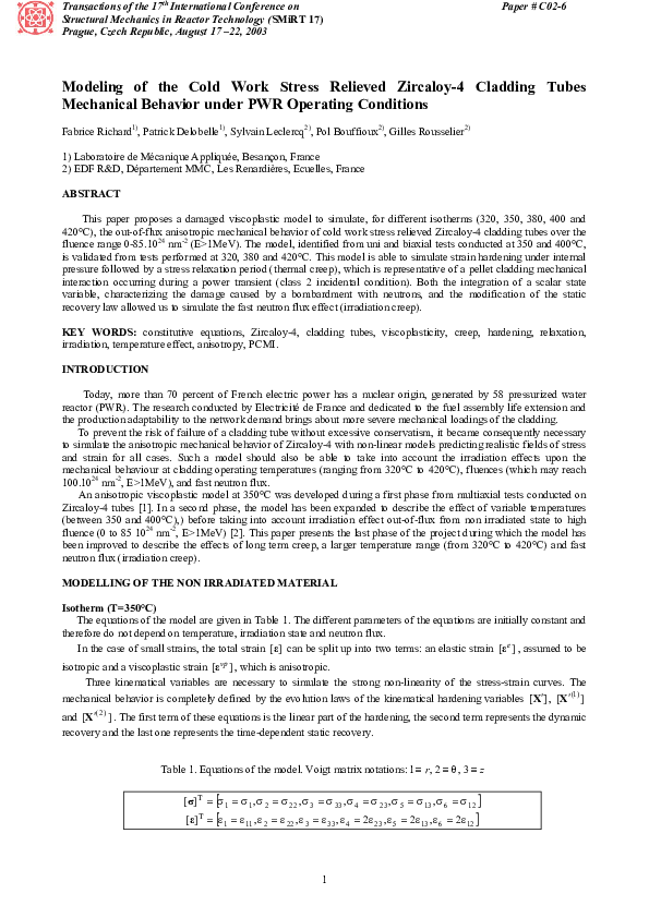 (PDF) Modeling of the cold work stress relieved Zircaloy-4 cladding ...