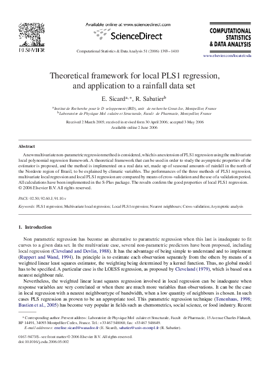 Pdf Theoretical Framework For Local Pls1 Regression And Application
