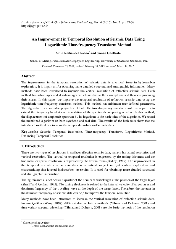 Pdf An Improvement In Temporal Resolution Of Seismic Data Using Logarithmic Time Frequency
