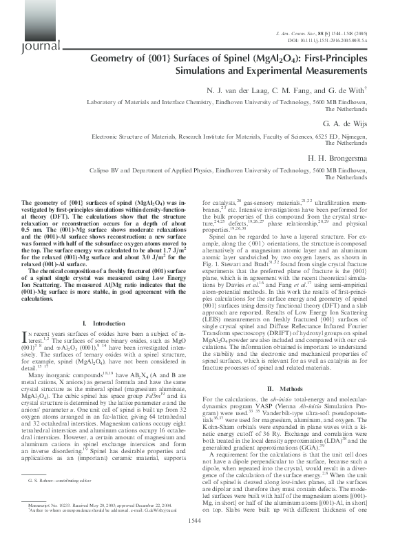 (PDF) Geometry of {001} Surfaces of Spinel (MgAl2O4): First-Principles ...