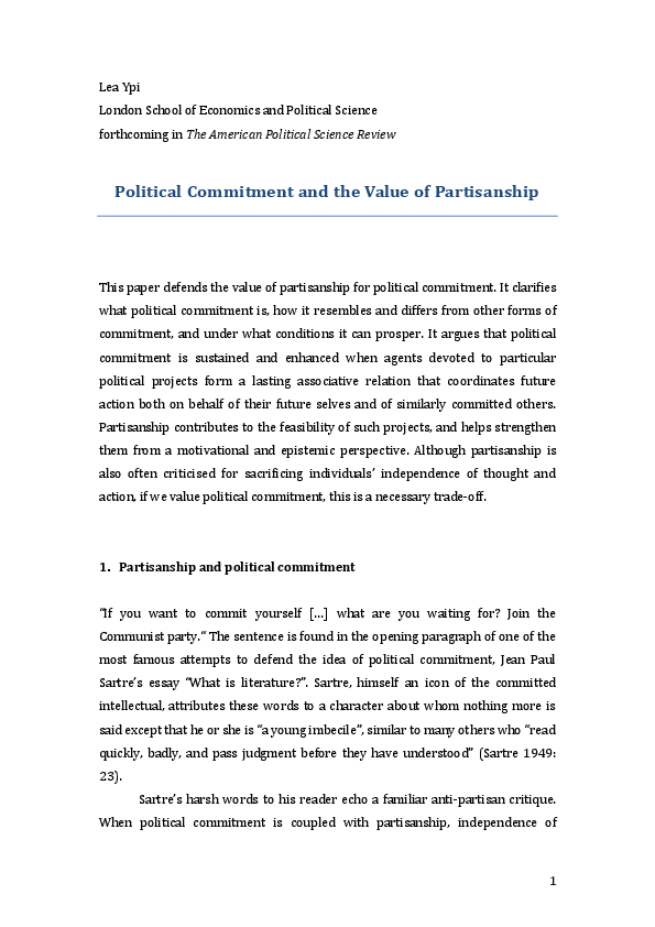 (PDF) "Political commitment and the value of partisanship", The ...