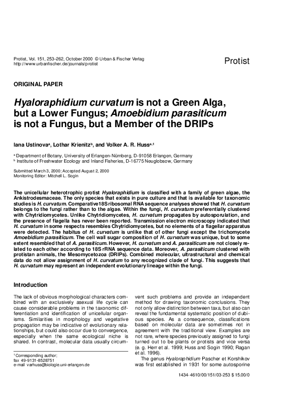 (PDF) Hyaloraphidium curvatum is not a Green Alga, but a Lower Fungus ...