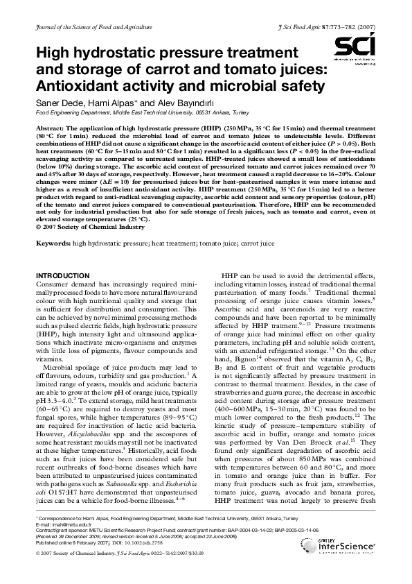 (PDF) High hydrostatic pressure treatment and storage of carrot and ...