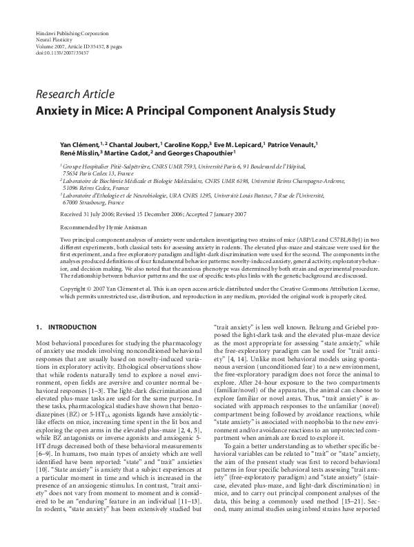 (PDF) Anxiety in Mice: A Principal Component Analysis Study (PDF) Anxiety in Mice: A Principal Component Analysis Study
