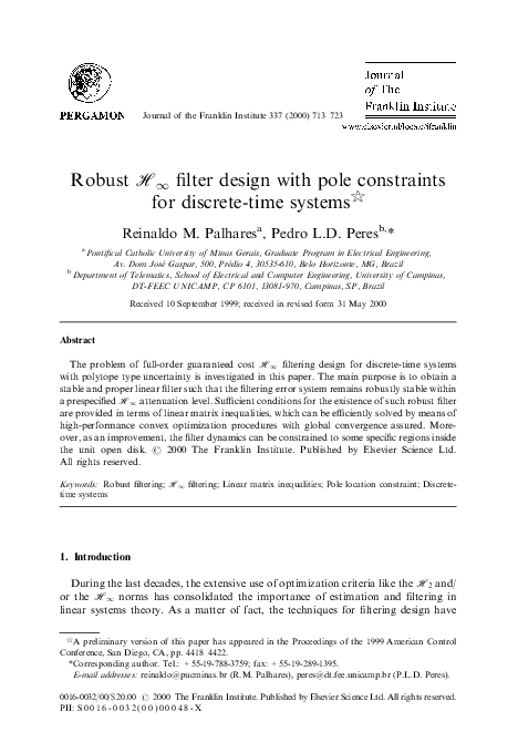 Pdf Robust H∞ Filter Design With Pole Constraints For Discrete Time