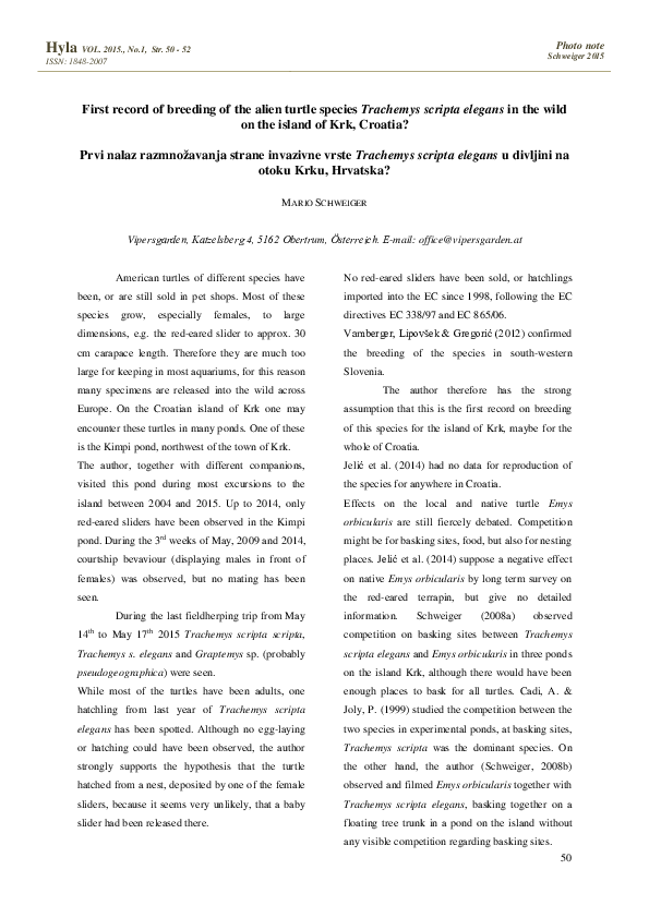 (PDF) First record of breeding of the alien turtle species Trachemys scripta elegans in the wild ...