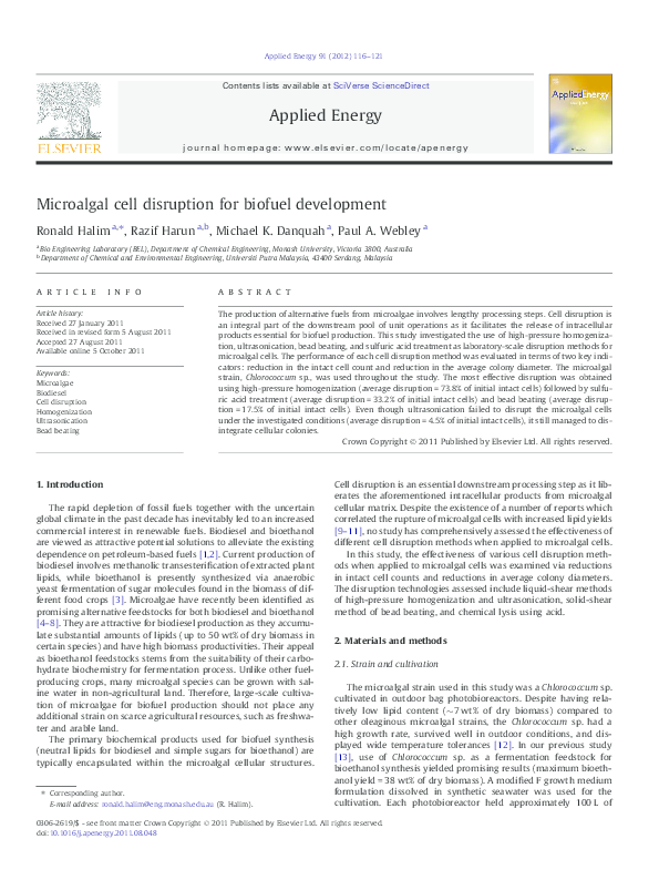 (PDF) Microalgal cell disruption for biofuel development