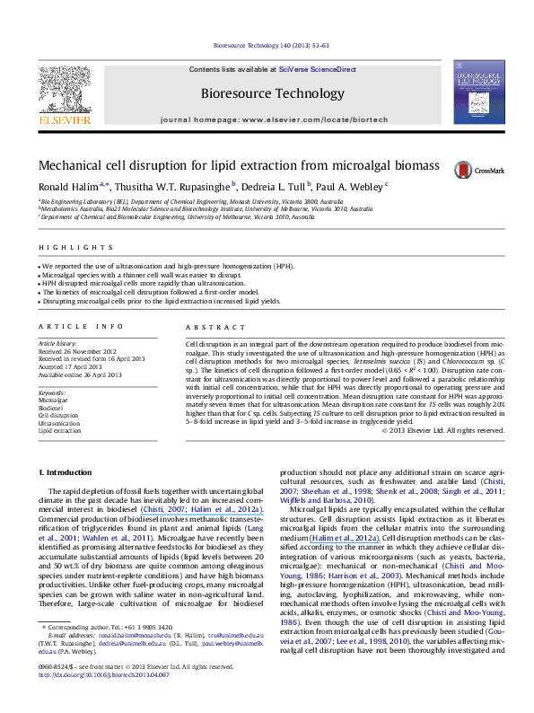 (PDF) Mechanical cell disruption for lipid extraction from microalgal biomass