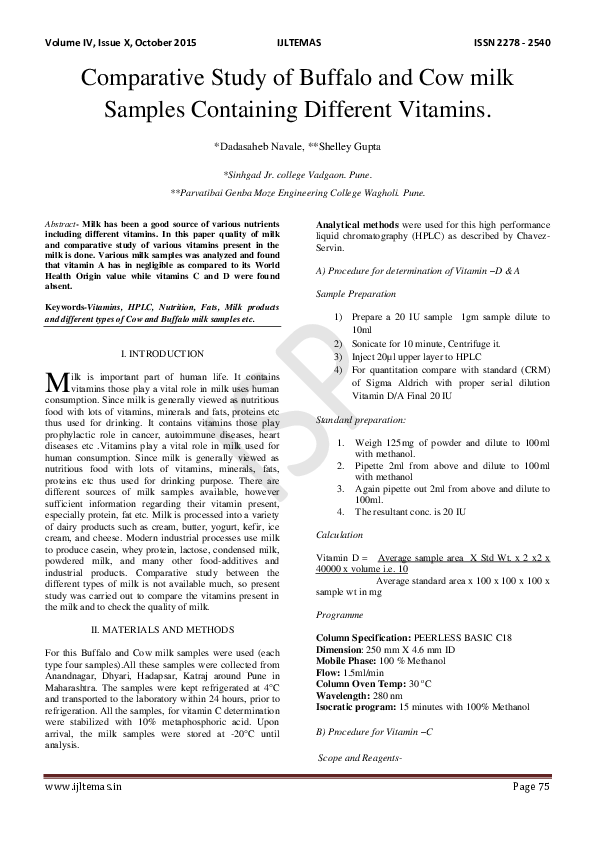 (PDF) Comparative Study of Buffalo and Cow milk Samples Containing ...