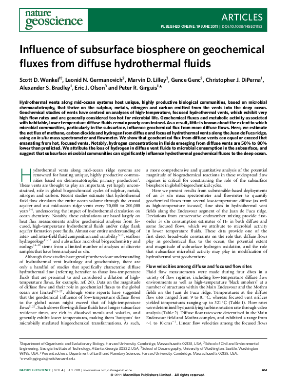 (PDF) Influence of subsurface biosphere on geochemical fluxes from diffuse hydrothermal fluids