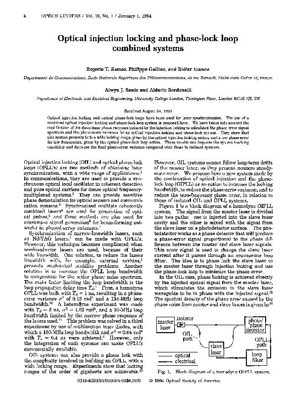 (PDF) Optical injection locking and phase-lock loop combined systems | Didier Erasme, Alwyn ...