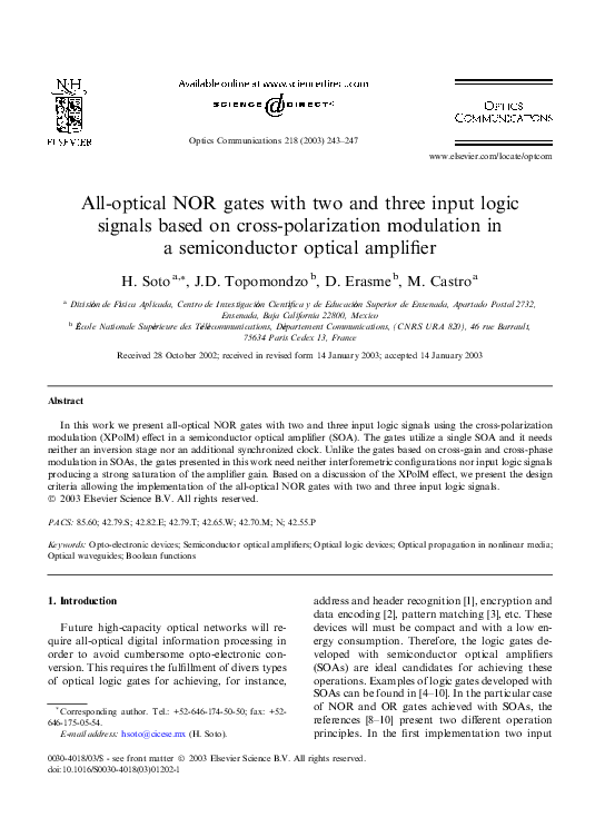 Pdf All Optical Nor Gates With Two And Three Input Logic Signals Based On Cross Polarization
