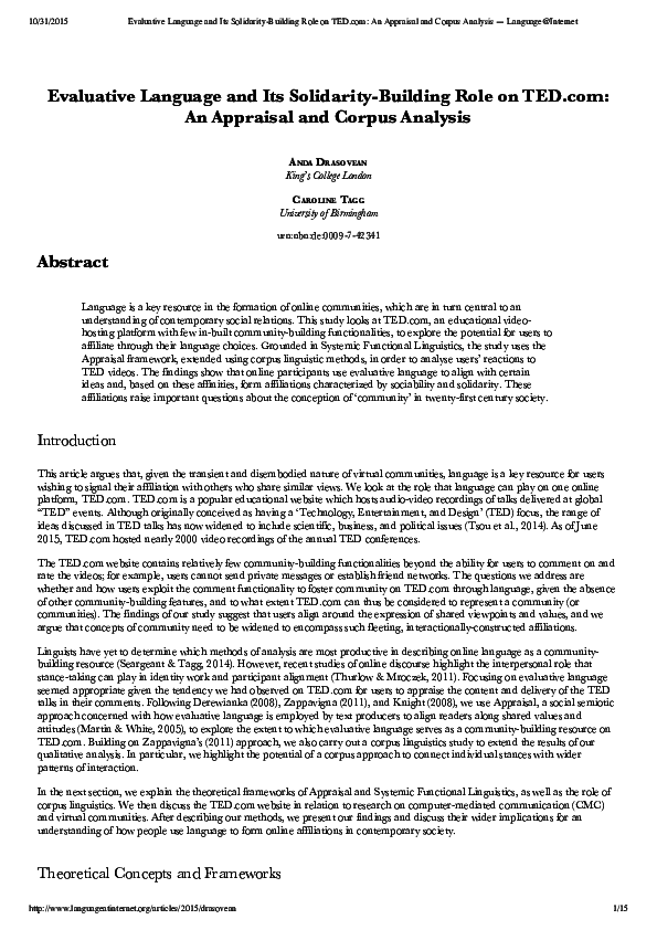 (PDF) Evaluative Language and Its Solidarity-Building Role on TED.com ...