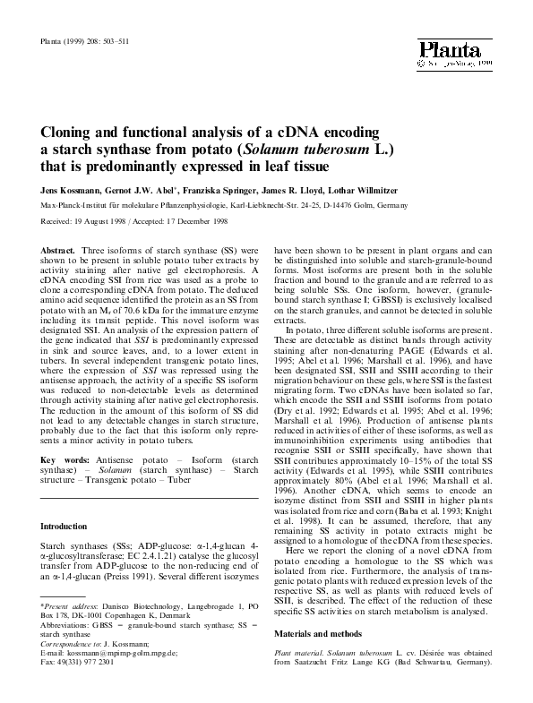 (PDF) Cloning and functional analysis of a cDNA encoding a starch synthase from potato ( Solanum ...