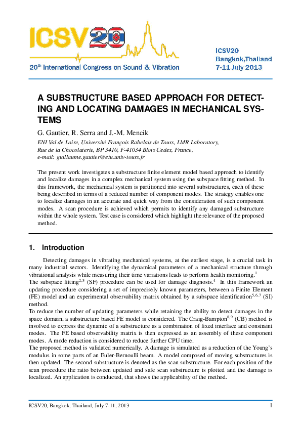 (PDF) A SUBSTRUCTURE BASED APPROACH FOR DETECT-ING AND LOCATING DAMAGES IN MECHANICAL SYS-TEMS