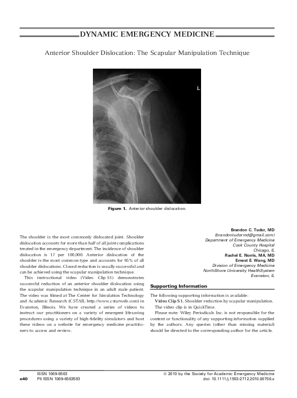 (PDF) Anterior Shoulder Dislocation: The Scapular Manipulation Technique