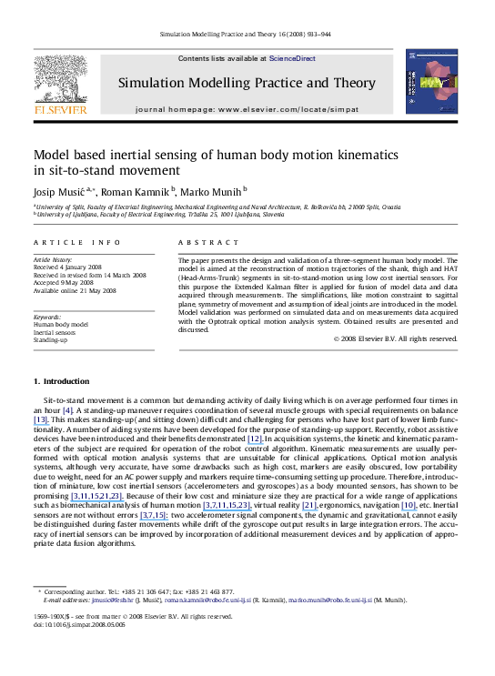 Pdf Model Based Inertial Sensing Of Human Body Motion Kinematics In Sit To Stand Movement