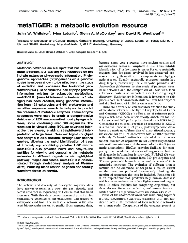 (PDF) metaTIGER: a metabolic evolution resource