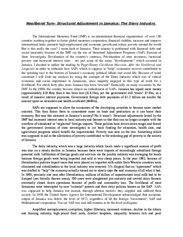 (DOC) Neoliberal Turn- Structural Adjustment in Jamaica The Diary Industry