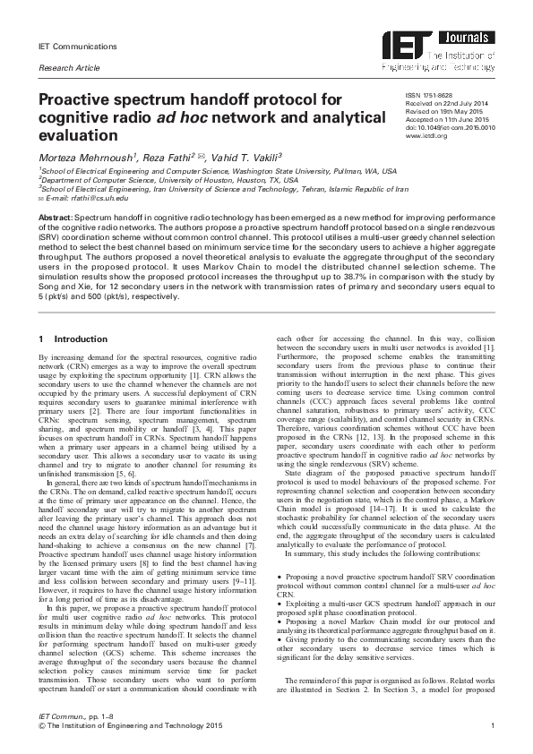 Pdf Proactive Spectrum Handoff Protocol For Cognitive Radio Ad Hoc Network And Analytical